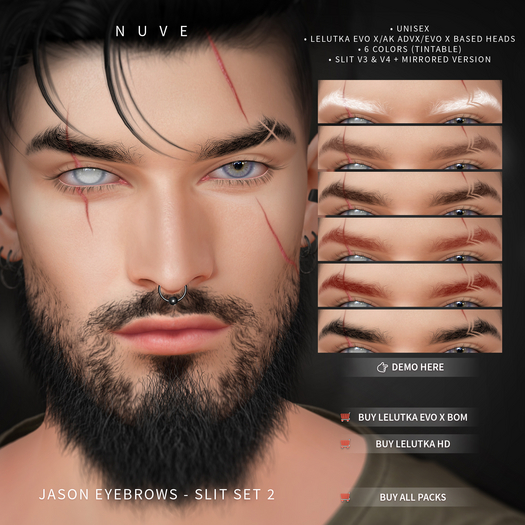 Second Life Marketplace - Nuve. Jason Eyebrows All Packs Slit Set 2 - Lelutka Evo X